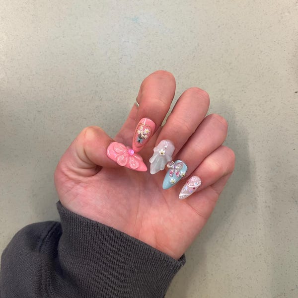 Celestial Red Blue Press on Nails, Heart Gem, Moon Star Charm Nails ...