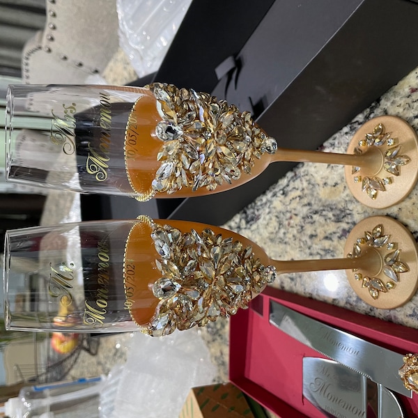 Wedding Toasting Set, Gold Champagne Glasses With Cake Knives, Gold ...