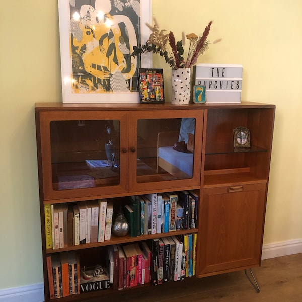 Vintage Mid Century Retro Nathan G Plan Bookcase Glass Fronted Display ...