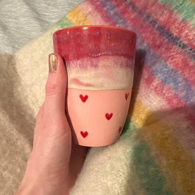 Ceramic Pink Red Heart Mug With Saucer, 5.5 Oz Mug, Handmade Coffee Tea ...