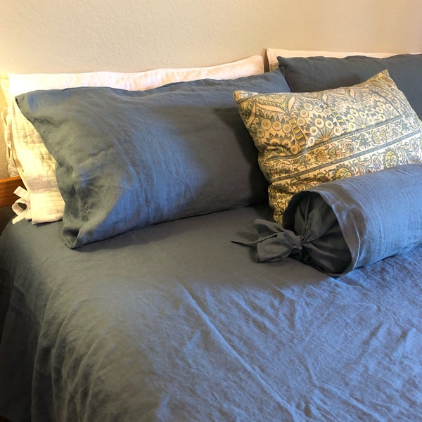 Gray Blue Linen Sheet Set – Muted Blue Stonewashed Bedding – Breathable ...