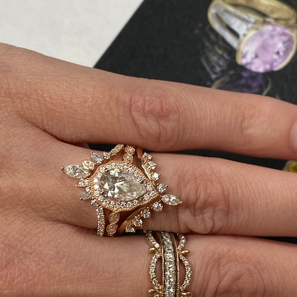 Pear Shaped Moissanite Engagement Ring Set Rose Gold Milgrain Cluster