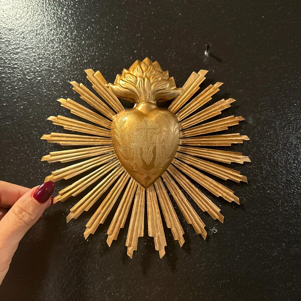 Sacred Heart, Milagro Heart, Large Gold Heart Sunburst Flame, Red ...