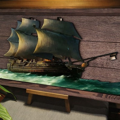 Handmade 3D Oak Tree Pirate Ship / Sailboat Wood Painting, Custom Wood ...