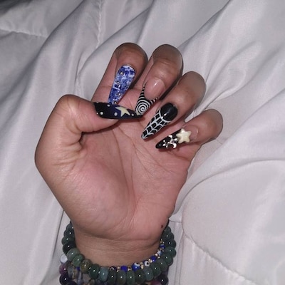 Stunning Acubi-style Nails Deep Blue Ombre Press on Nails Sparkling ...