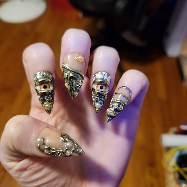 Horror Eyes Gothic/emo Long Stiletto Press on Nail, Halloween/cosplay ...