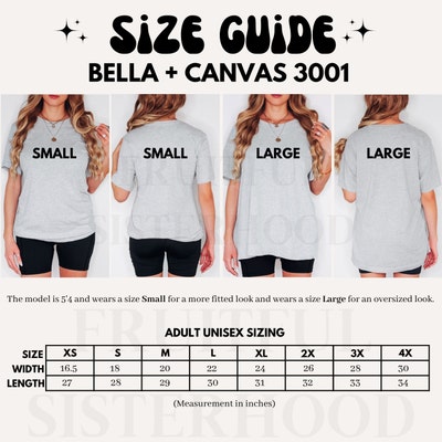 Bella Canvas 3001 Size Chart, Oversized Size Chart, Size Guide Mockup ...