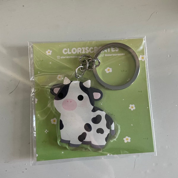 Dairy Cow Farm Animal Keychain | Cartoon Chibi Art Glitter Acrylic ...