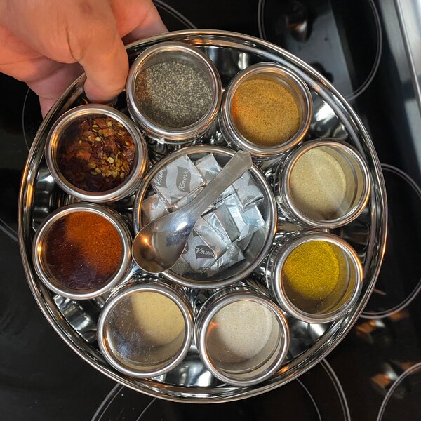 Stainless Steel Indian Spice Box, Steel Masala Dabba 12 Spices, Lid ...