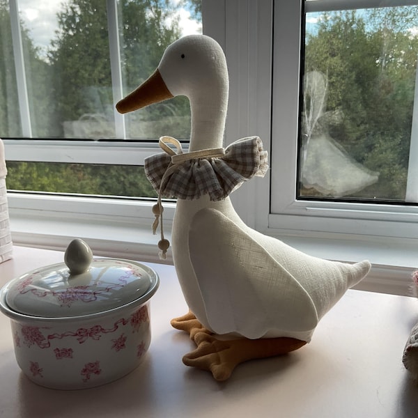 Handmade Plush Goose – Bouclé Soft Toy With Linen Details, Decorative ...
