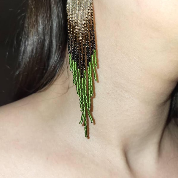 Rust and Gold Beaded Earrings, Extra Long Gradient Beaded Earrings ...