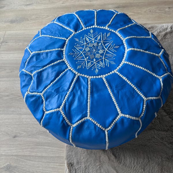 Moroccan Cover POUF With White Stitching Leather Pouf Ottoman Pouf ...