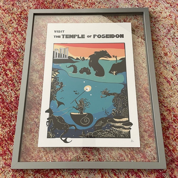Temple of Poseidon Print, Greek Mythology Poster, Retro Travel Poster ...