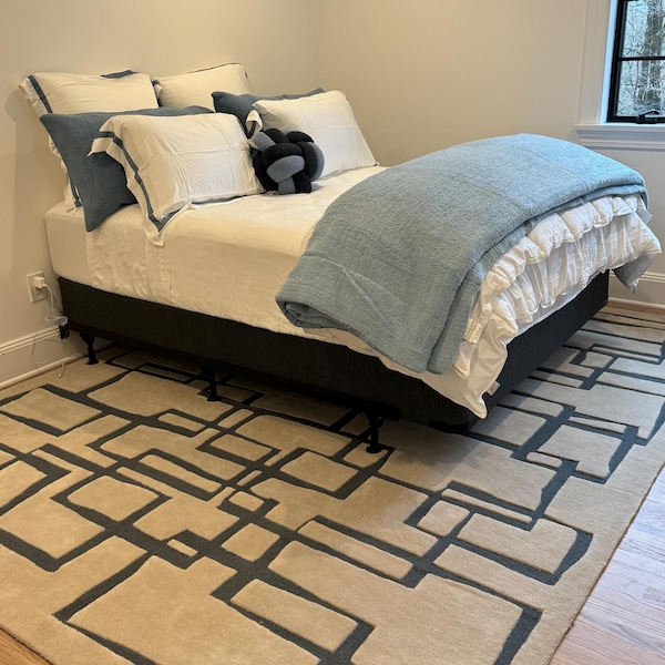 Ivory Beige Color Minimalist Modern Abstract Handmade Textured Woolen ...