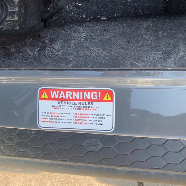 WARNING Vehicle Rules Instructions Safety Funny Adhesive Sticker Decal ...