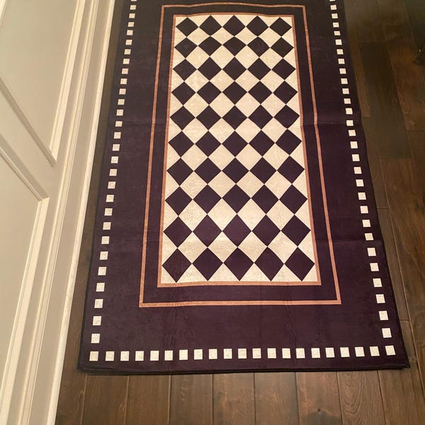 Checkered Rug, Black Border on Check Pattern Nonslip Area Rug, Black ...