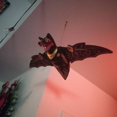 Flying Black Bat Mobile Balinese Spirit Chaser Hand Carved Wood Bali ...