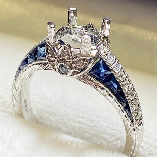 Antique Bridal Set/ Art Deco Wedding Set/ Diamond Baguette Blue ...