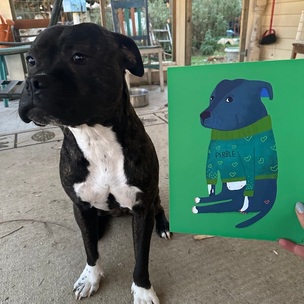 Pitbull Art Print: Whimsical Pibble in Green Sweater - Etsy