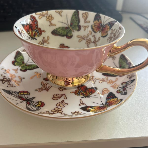 Pink Butterfly Tea Cup and Saucer | Monarch Butterfly Mug | Gift for ...