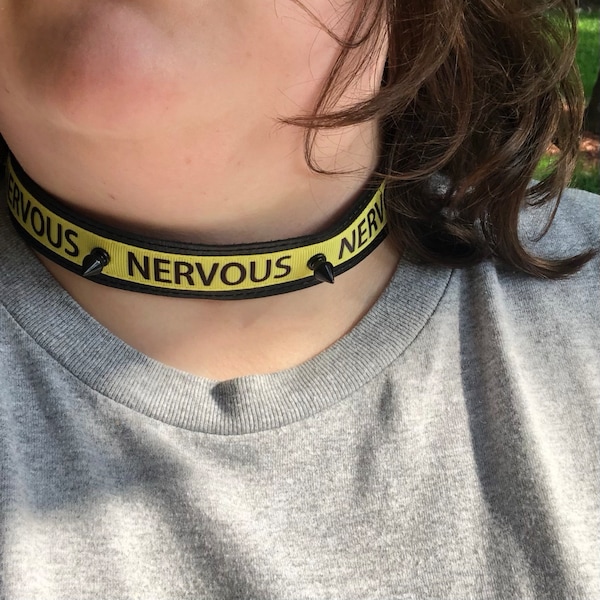 NERVOUS - Spike Choker Necklace - Yellow Antisocial Anxiety Wide Black ...