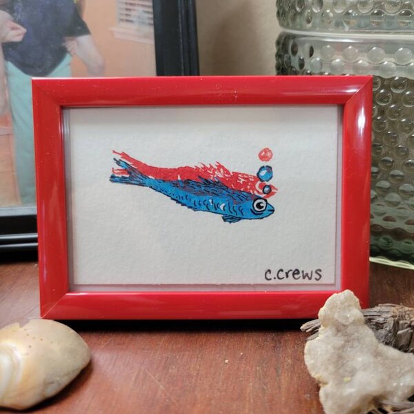 Mini Fish Painting | Original Artwork Fish Linocut | Modern Home Decor ...