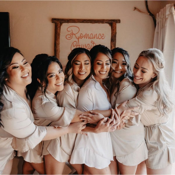 Bridesmaid Robe in Black, Bridesmaid Satin Romper With Ruffle Trim ...