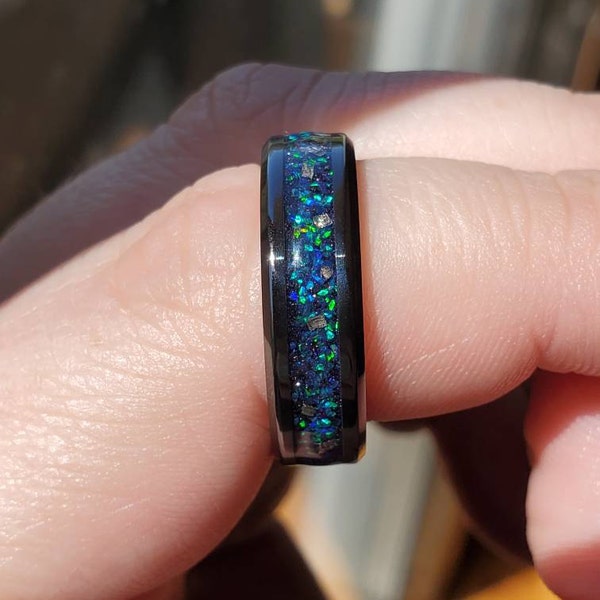 Cosmos Black Ceramic Ring | Ceramic Band | Opal Cosmic Ring | Eclectic ...