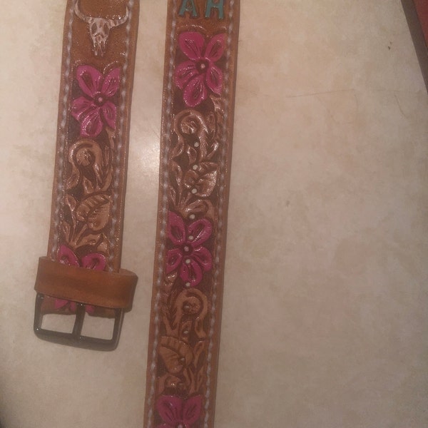 Custom Design Western Floral Tooled & Painted Leather Watch Band ...