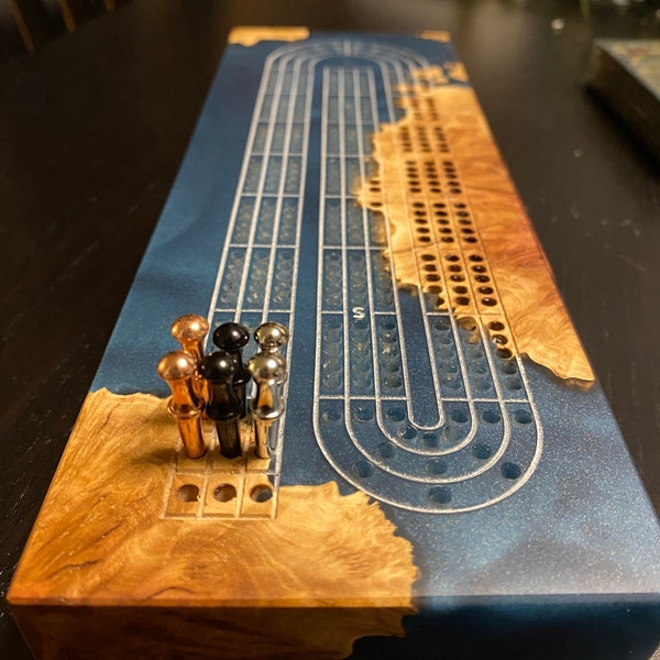 Handcrafted Cribbage Board in Burl+midnight Blue Epoxy Resin | Engraved ...