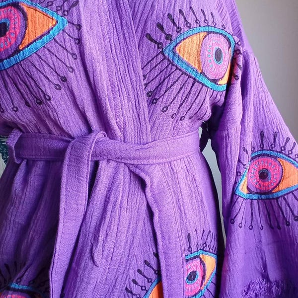 Purple Handmade Evil Eye Kimono, Festival Kimono, Spa Robe, Pool Kimono ...