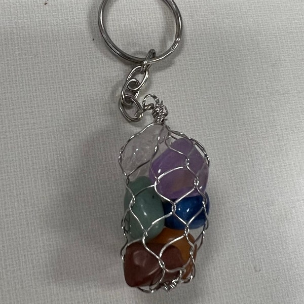 Seven Stone Chakra Tumbled Stone Keychain - Gold and Silver Toned ...