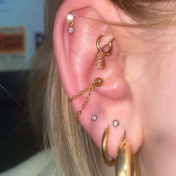 20g 16g Thin Double Chain Conch Ear Stud, Conch Hoop Double Chain Ring ...