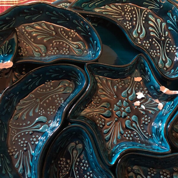 Teal Ceramic Snack Serving Set, Handmade Turkish Platter, Pottery Bowl ...