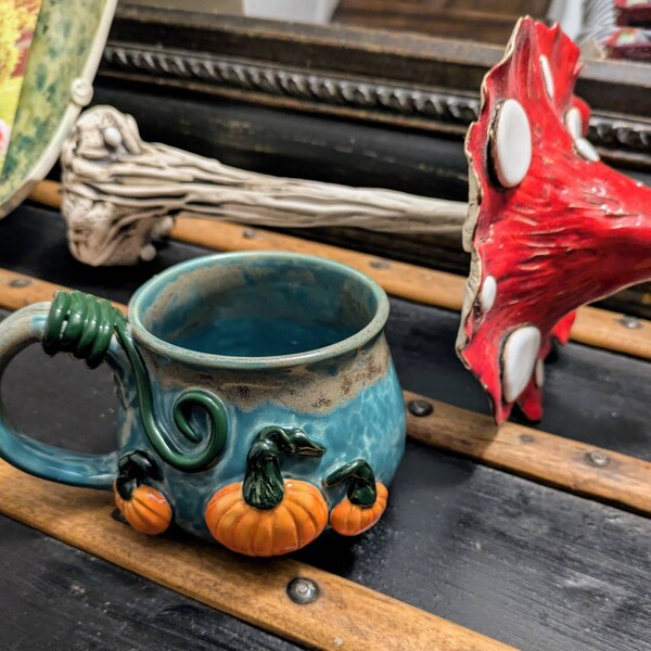 Carving Decorated Stoneware Mug, Slip Decorated Mug, Mug With Leaves ...