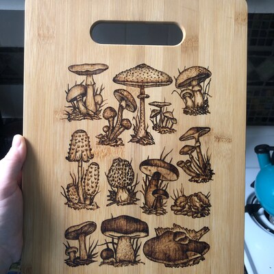 Mushrooms Bamboo Cutting Board With HANDMADE Pyrography Artwork ...