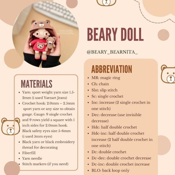 Beary Crochet Doll Pattern. Amigurumi Crochet Pattern. Amigurumi Doll ...