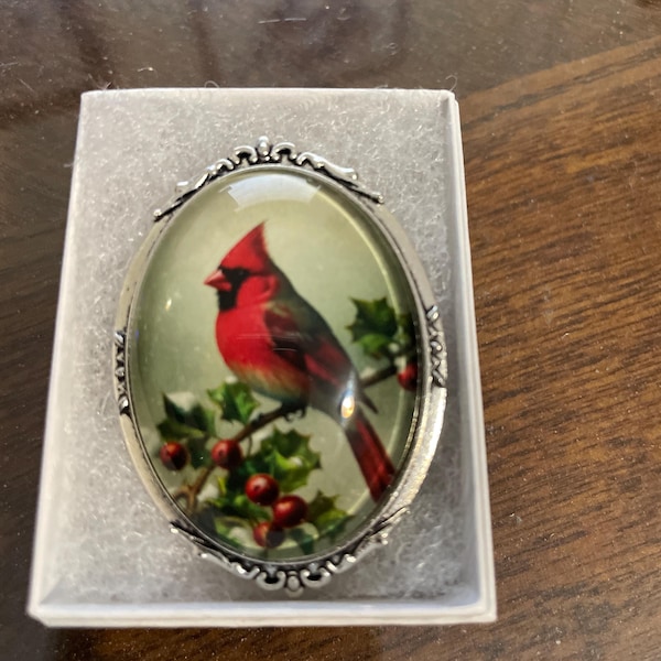 Cardinal Brooch, Winter Pin, Christmas Brooch, Red Bird Pin W Holly ...