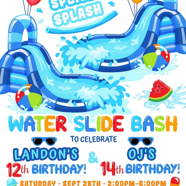 Editable Water Slide Birthday Splash Party Invitation Two Kids Names ...