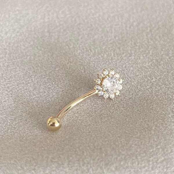 14k Solid Gold Flower Rook Piercing Curved Barbell Sunflower Navel Ring ...