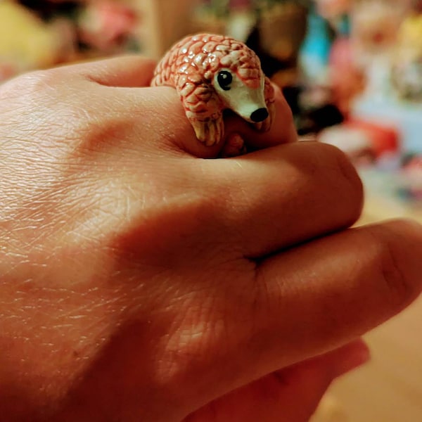 Porcelain Pangolin Ring • Hand-painted Ceramic Animal Wrap Ring • Camp ...