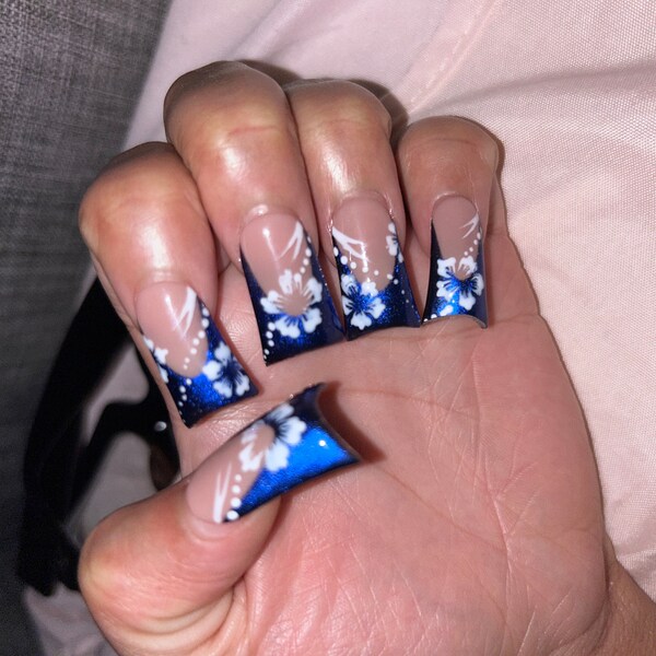 Dark Blue Chrome French Tip Duck Nails With Flowers - Etsy