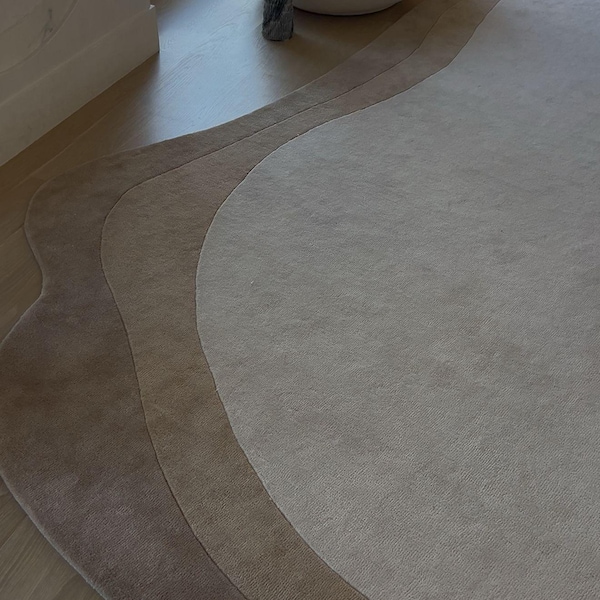 Ivory Beige Color Minimalist Modern Abstract Handmade Textured Woolen ...