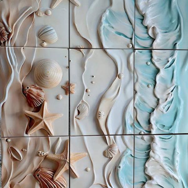 Seashells Ceramic Tile Backsplash, Sand Beach Decorative Tile or Mural ...