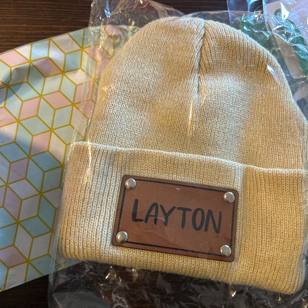 Personalized Baby Hat With Name, Custom Infant Beanie, Leather Patch ...