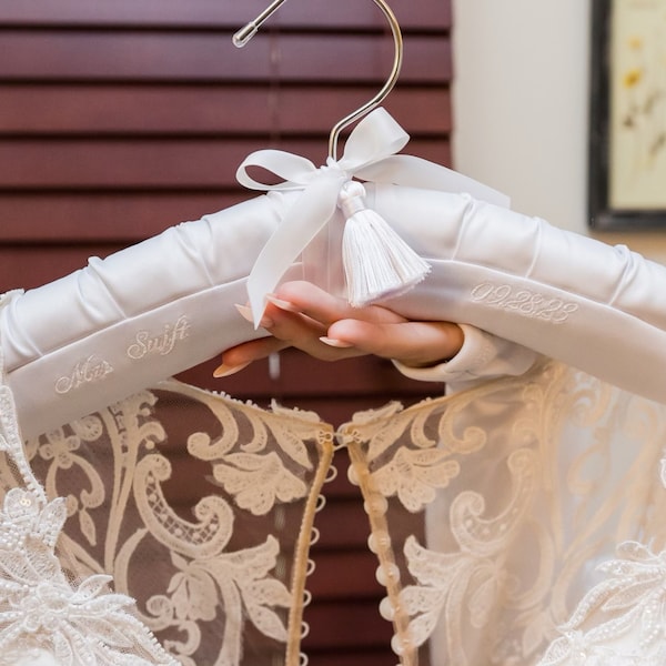 Personalized Bridal Hanger, Satin Wedding Dress Hanger, Embroidered ...