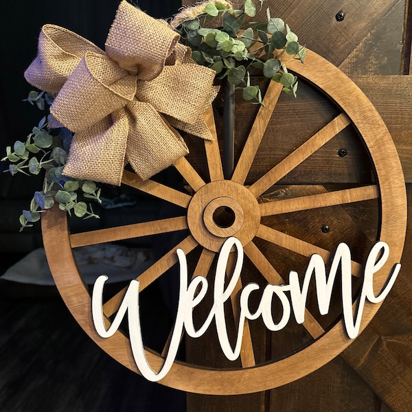 Wagon Wheel Welcome Sign: Rustic Door Hanger, 18 Inch Laser Cut Decor ...