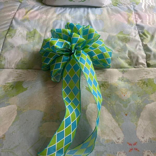 Spring Bow - Pink Dots and Green Stripes Bow - Handmade Bow - Wired ...