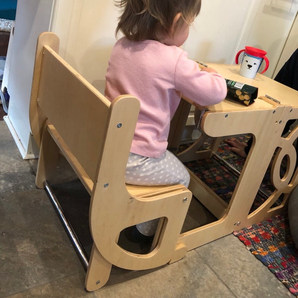 Natural Convertible Toddler Tower & Table WITH BACK, Toddler Kitchen ...