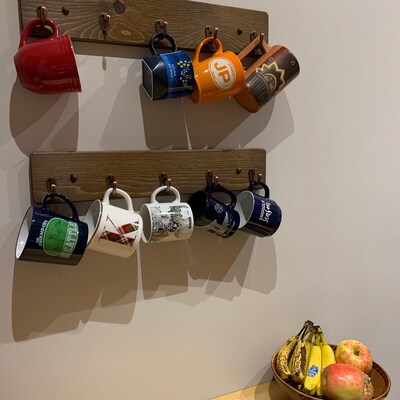 6 Cup Mug Rack With Shelf, Mug Rack Wall Mounted, Coffee Bar Decor ...